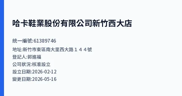 哈卡鞋業股份有限公司新竹西大店的照片-統編 61389746(新竹市) 公司登記資料與營業項目詳細圖表