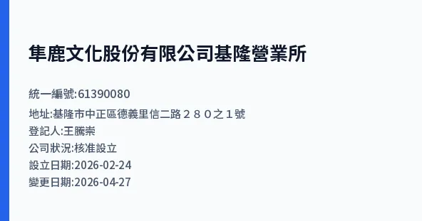 隼鹿文化股份有限公司基隆營業所的照片-統編 61390080(基隆市) 公司登記資料與營業項目詳細圖表