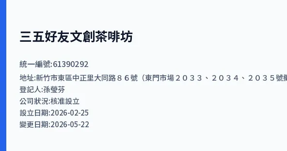 三五好友文創茶啡坊的照片-統編 61390292(新竹市) 公司登記資料與營業項目詳細圖表