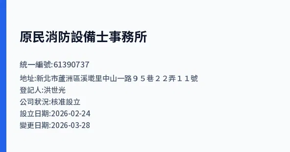 原民消防設備士事務所的照片-統編 61390737(新北市) 公司登記資料與營業項目詳細圖表