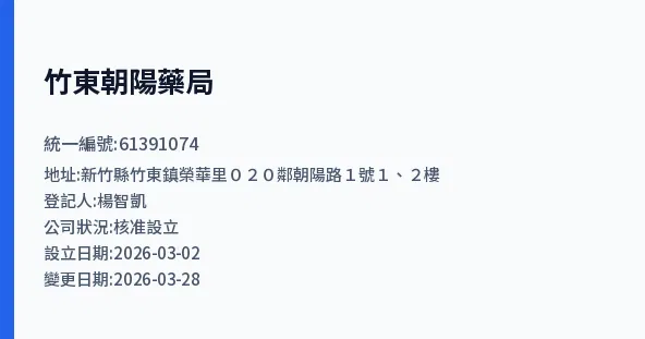 竹東朝陽藥局的照片-統編 61391074(新竹縣) 公司登記資料與營業項目詳細圖表