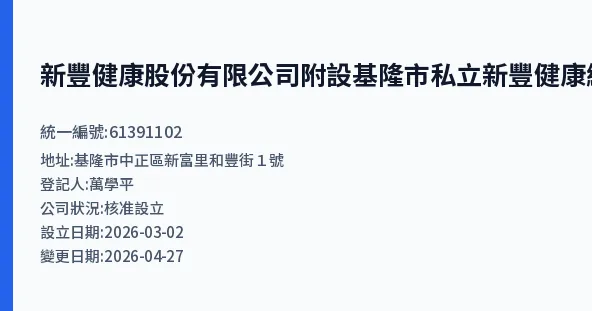 新豐健康股份有限公司附設基隆市私立新豐健康綜合長照機構的照片-統編 61391102(基隆市) 公司登記資料與營業項目詳細圖表