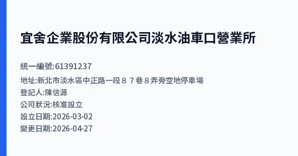 宜舍企業股份有限公司淡江大橋北側營業所的照片-統編 61391237(新北市) 公司登記資料與營業項目詳細圖表