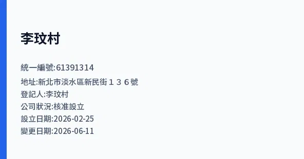 李玟村的照片-統編 61391314(新北市) 公司登記資料與營業項目詳細圖表
