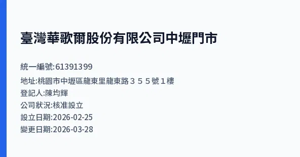臺灣華歌爾股份有限公司中壢門市的照片-統編 61391399(桃園市) 公司登記資料與營業項目詳細圖表