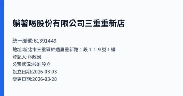躺著喝股份有限公司三重重新店的照片-統編 61391449(新北市) 公司登記資料與營業項目詳細圖表