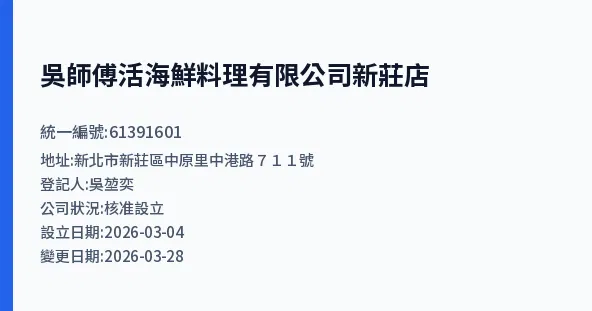 吳師傅活海鮮料理有限公司新莊店的照片-統編 61391601(新北市) 公司登記資料與營業項目詳細圖表