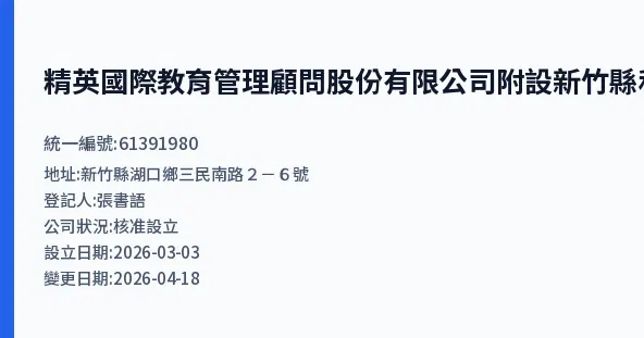 精英國際教育管理顧問股份有限公司附設新竹縣私立精英國際幼兒園的照片-統編 61391980(新竹縣) 公司登記資料與營業項目詳細圖表