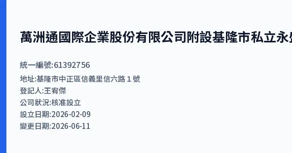 萬洲通國際企業股份有限公司附設基隆市私立永盛居家長照機構的照片-統編 61392756(基隆市) 公司登記資料與營業項目詳細圖表