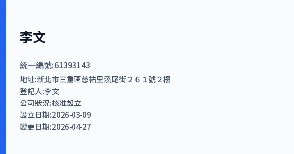 李文的照片-統編 61393143(新北市) 公司登記資料與營業項目詳細圖表