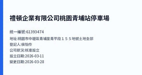禮頓企業有限公司桃園青埔站停車場的照片-統編 61393474(桃園市) 公司登記資料與營業項目詳細圖表