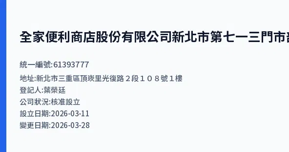 全家便利商店股份有限公司新北市第七一三門市部的照片-統編 61393777(新北市) 公司登記資料與營業項目詳細圖表