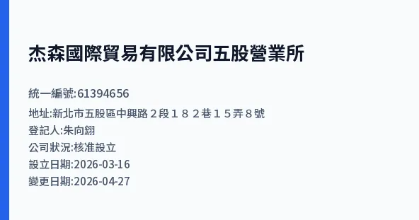 杰森國際貿易有限公司五股營業所的照片-統編 61394656(新北市) 公司登記資料與營業項目詳細圖表