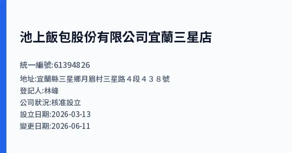 池上飯包股份有限公司宜蘭三星店的照片-統編 61394826(宜蘭縣) 公司登記資料與營業項目詳細圖表