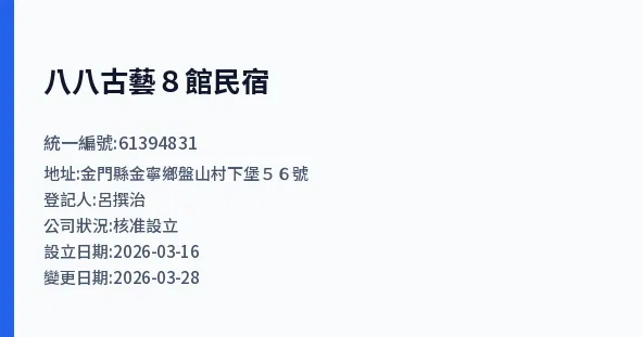 八八古藝8館民宿的照片-統編 61394831(金門縣) 公司登記資料與營業項目詳細圖表