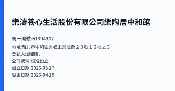 樂濤養心生活股份有限公司樂陶居中和館的照片-統編 61394902(新北市) 公司登記資料與營業項目詳細圖表