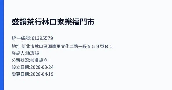 盛韻茶行林口家樂福門市的照片-統編 61395579(新北市) 公司登記資料與營業項目詳細圖表