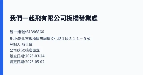 我們一起飛有限公司板橋營業處的照片-統編 61396866(新北市) 公司登記資料與營業項目詳細圖表