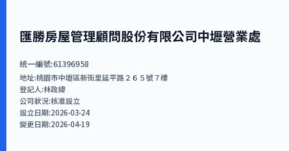 匯勝房屋管理顧問股份有限公司中壢營業處的照片-統編 61396958(桃園市) 公司登記資料與營業項目詳細圖表