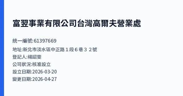 富翌事業有限公司台灣高爾夫營業處的照片-統編 61397669(新北市) 公司登記資料與營業項目詳細圖表