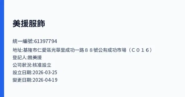 美援服飾的照片-統編 61397794(基隆市) 公司登記資料與營業項目詳細圖表