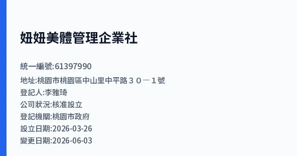 妞妞美體管理企業社的照片-統編 61397990(桃園市) 公司登記資料與營業項目詳細圖表