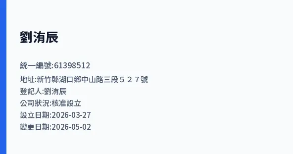 劉洧辰的照片-統編 61398512(新竹縣) 公司登記資料與營業項目詳細圖表