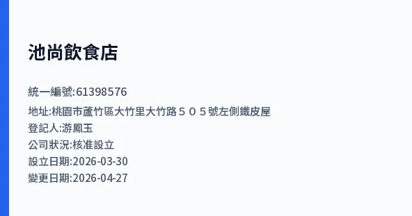 池尚飲食店的照片-統編 61398576(桃園市) 公司登記資料與營業項目詳細圖表