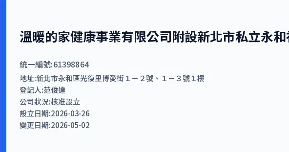 溫暖的家健康事業有限公司附設新北市私立永和社區長照機構的照片-統編 61398864(新北市) 公司登記資料與營業項目詳細圖表