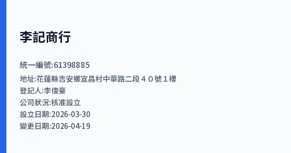 李記商行的照片-統編 61398885(花蓮縣) 公司登記資料與營業項目詳細圖表