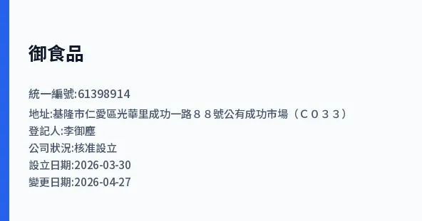御食品的照片-統編 61398914(基隆市) 公司登記資料與營業項目詳細圖表