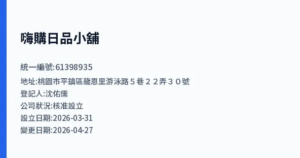 嗨購日品小舖的照片-統編 61398935(桃園市) 公司登記資料與營業項目詳細圖表