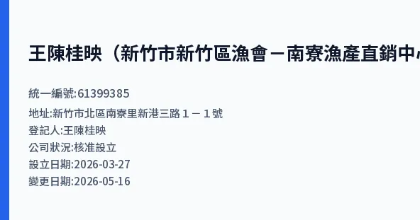 王陳桂映(新竹市新竹區漁會-南寮漁產直銷中心B34攤)的照片-統編 61399385(新竹市) 公司登記資料與營業項目詳細圖表