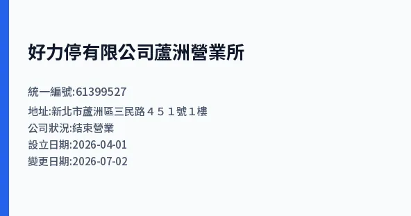 好力停有限公司蘆洲營業所的照片-統編 61399527 公司登記資料與營業項目詳細圖表