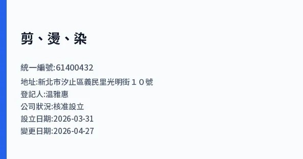 剪、燙、染的照片-統編 61400432(新北市) 公司登記資料與營業項目詳細圖表