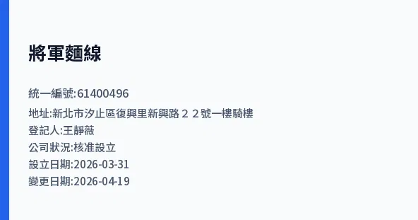 將軍麵線的照片-統編 61400496(新北市) 公司登記資料與營業項目詳細圖表