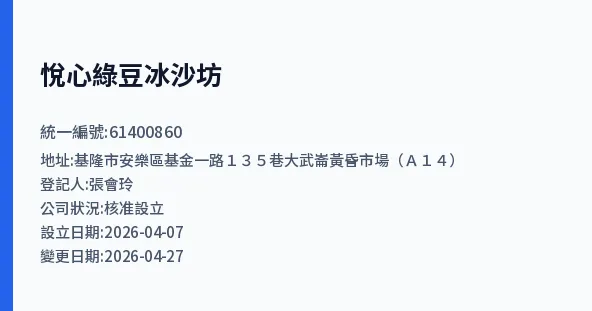 悅心綠豆冰沙坊的照片-統編 61400860(基隆市) 公司登記資料與營業項目詳細圖表