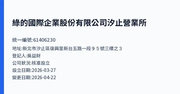 綠的國際企業股份有限公司汐止營業所的照片-統編 61406230(新北市) 公司登記資料與營業項目詳細圖表