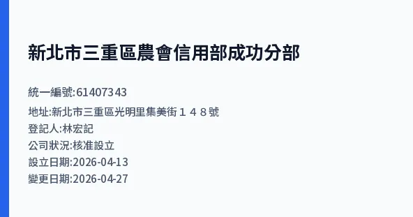 新北市三重區農會信用部成功分部的照片-統編 61407343(新北市) 公司登記資料與營業項目詳細圖表