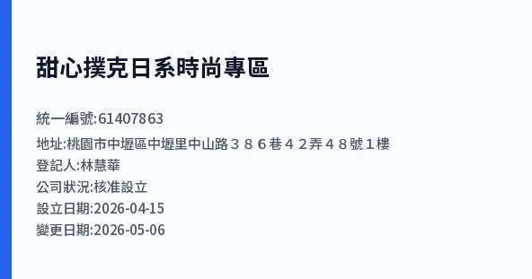 甜心撲克日系時尚專區的照片-統編 61407863(桃園市) 公司登記資料與營業項目詳細圖表