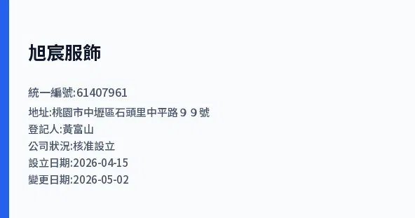 旭宸服飾的照片-統編 61407961(桃園市) 公司登記資料與營業項目詳細圖表