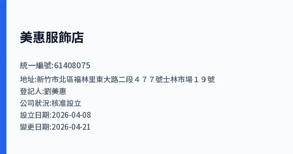 美惠服飾店的照片-統編 61408075(新竹市) 公司登記資料與營業項目詳細圖表