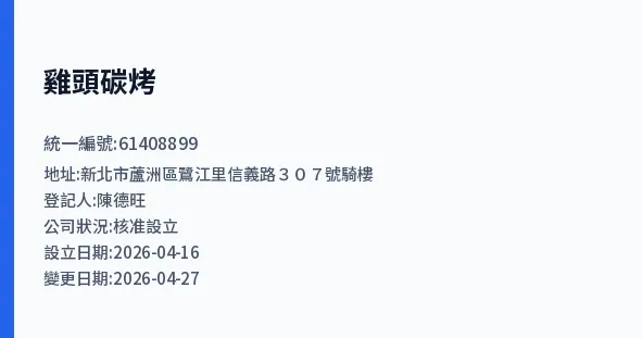 雞頭碳烤的照片-統編 61408899(新北市) 公司登記資料與營業項目詳細圖表