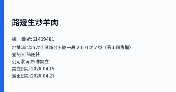 路邊生炒羊肉的照片-統編 61409481(新北市) 公司登記資料與營業項目詳細圖表