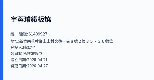 宇蓉璿鐵板燒的照片-統編 61409927(新竹縣) 公司登記資料與營業項目詳細圖表