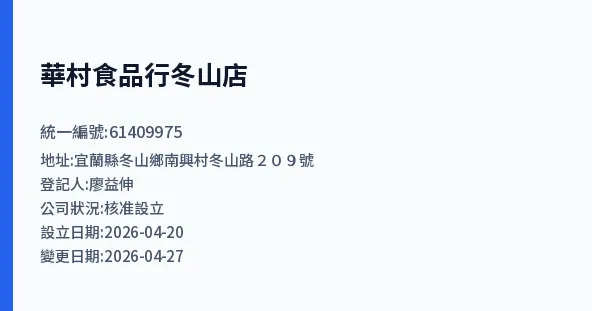 華村食品行冬山店的照片-統編 61409975(宜蘭縣) 公司登記資料與營業項目詳細圖表