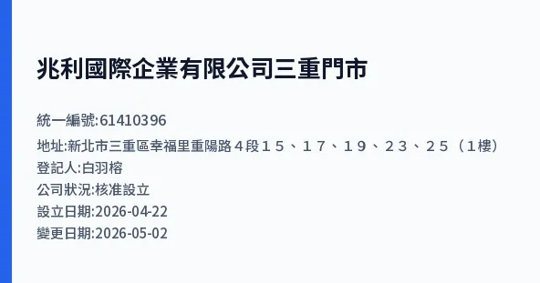 兆利國際企業有限公司三重門市的照片-統編 61410396(新北市) 公司登記資料與營業項目詳細圖表