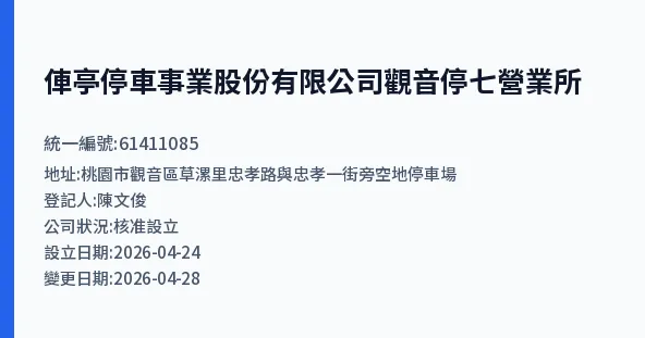 俥亭停車事業股份有限公司觀音停七營業所的照片-統編 61411085(桃園市) 公司登記資料與營業項目詳細圖表
