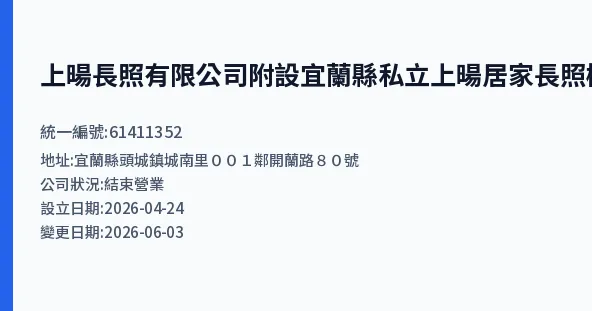 上暘長照有限公司附設宜蘭縣私立上暘居家長照機構的照片-統編 61411352(宜蘭縣) 公司登記資料與營業項目詳細圖表