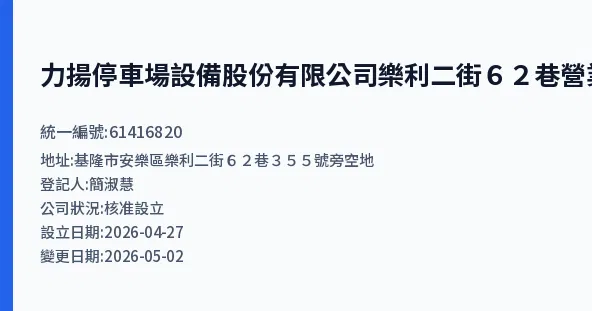力揚停車場設備股份有限公司樂利二街62巷營業所的照片-統編 61416820(基隆市) 公司登記資料與營業項目詳細圖表